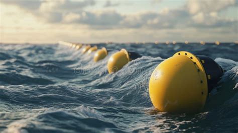 Buoys Floating On Ocean Surface Waves Gently Rolling Sunset Sky Stock Image Image Of Horizon