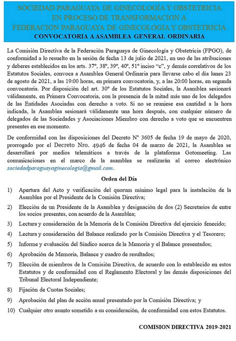 Asamblea General Ordinaria 2021 Y Elección De Autoridades 2021 2023 Fpgo
