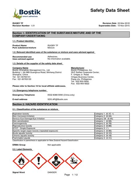 Bostik Philippines Rugby Original Safety Data Sheet Pdf Personal