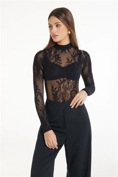 Бесшовное Боди с Длинными Рукавами из Кружева | Tezenis