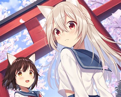 2girls Animal Ears Blush Brown Eyes Brown Hair Catgirl Cherry Blossoms