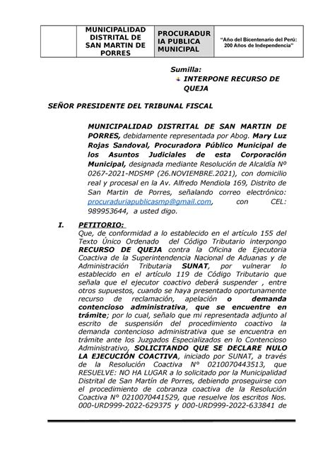 Recurso De Queja Sunat Tribunal Fiscal Sunat Distrital De San