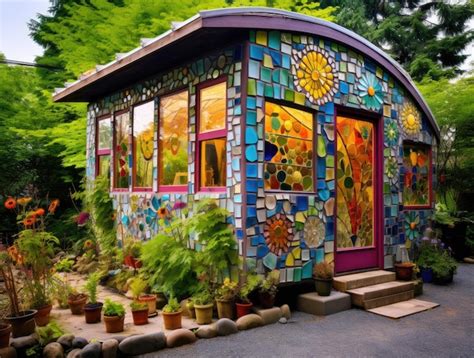 A Tiny House With Colorful Stained Glass Windows In A Flower Garden