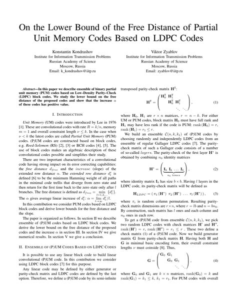 Pdf On The Lower Bound Of The Free Distance Of Partial Unit Memory