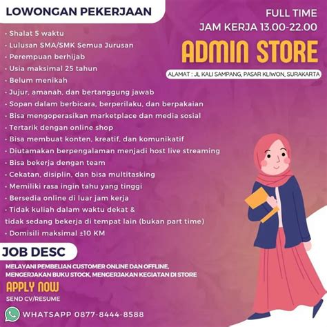 Lowongan Kerja Desember 2022 Admin Store Pasar Kliwon Di Solo INFO