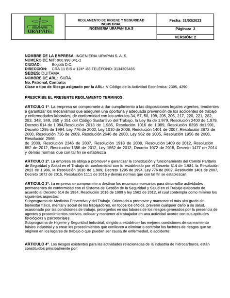 Reglamento De Higiene Y Seguridad Industrial Reglamento De Higiene Y