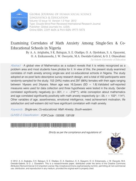 Pdf Examining Correlates Of Math Anxiety Among Single Sex And Co Educational Schools In Nigeria