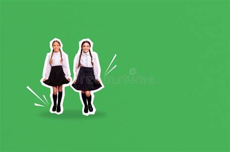 Composite Photo Collage Of Two Happy School Classmates Girls Dance Show