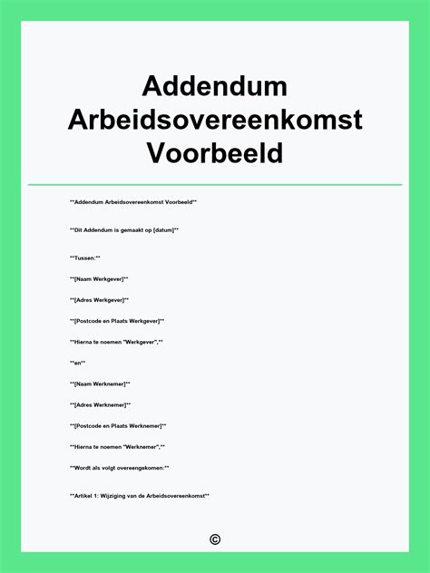 Addendum Arbeidsovereenkomst Voorbeeld