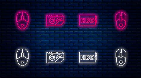 세트 라인 비디오 그래픽 카드 하드 디스크 드라이브 Hdd 컴퓨터 마우스 및 벽돌 벽에 빛나는 네온 아이콘 벡터 광학 기기에 대한 스톡 벡터 아트 및 기타 이미지 Istock