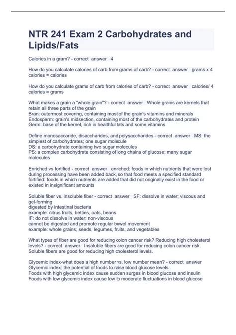 Ntr 241 Exam 2 Carbohydrates And Lipids Question And Answers 100
