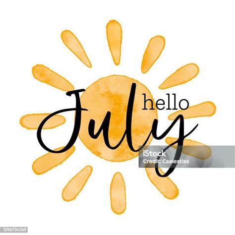 안녕하세요 칠월 수채화 질감 간단한 벡터 태양 아이콘 벡터 일러스트 레이 션 여름의 시작을위한 인사말 카드 환영 포스터 디자인 7월에 대한 스톡 벡터 아트 및 기타 이미지