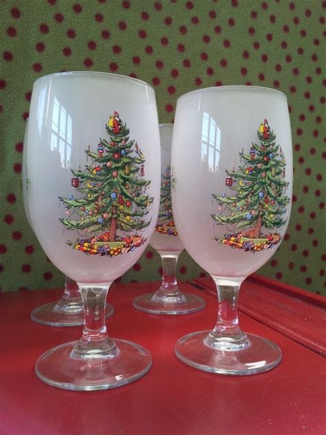 Spode Christmas Tree Waterwine Goblets Frosted Set Of Four