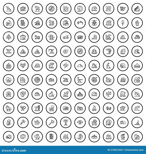 100 Calamiteitenpictogrammen Instellen Contourstijl Stock Illustratie