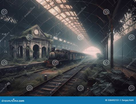 old abandoned railway station rusty train standing on the rails stock