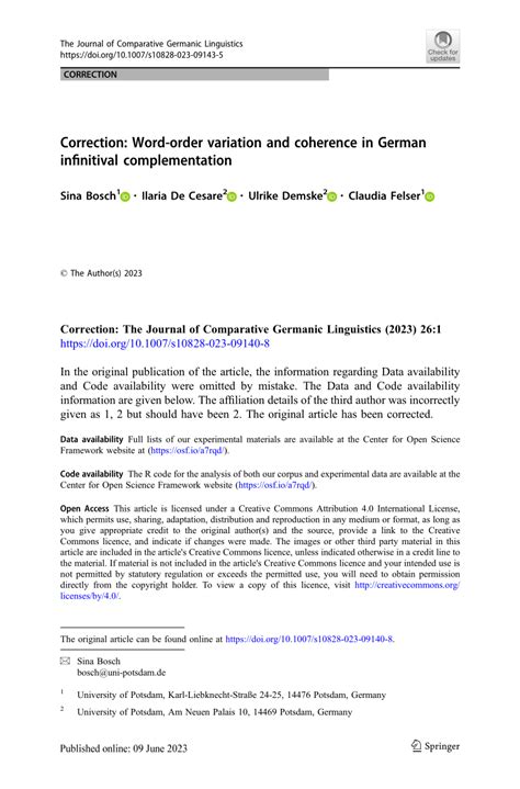 Pdf Correction Word Order Variation And Coherence In German
