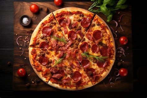 Premium Photo Top View Of A Meat Lovers Pizza With Sausage Pepperoni