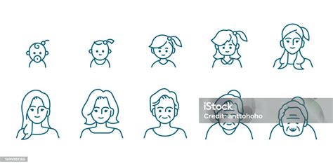 다양한 연령대의 여성 초상화 미취학 아동 어린이 초등학교 고등학생 십대 젊은이 노인 일러스트레이션 수명 주기 개념 편집 가능한