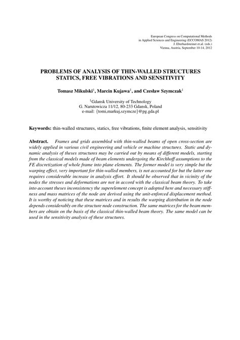 Pdf Problems Of Analysis Of Thin Walled Structures Statics Free Vibrations And Sensitivity