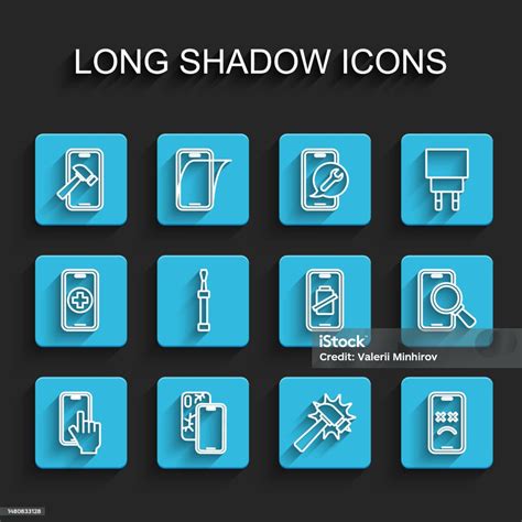 회선 전화 수리 서비스 깨진 화면이있는 모바일 망치 죽은 모바일 드라이버 및 스마트 폰 배터리 충전 아이콘을 설정합니다 벡터 Usb 케이블에 대한 스톡 벡터 아트 및 기타