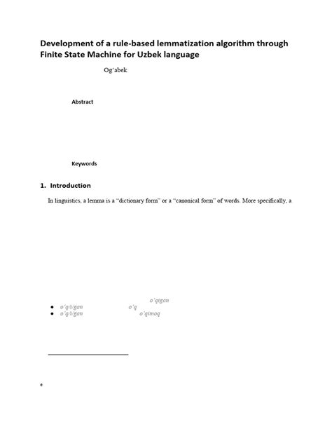 Development Of A Rule Based Lemmatization Algorithm Through Finite State Machine For Uzbek
