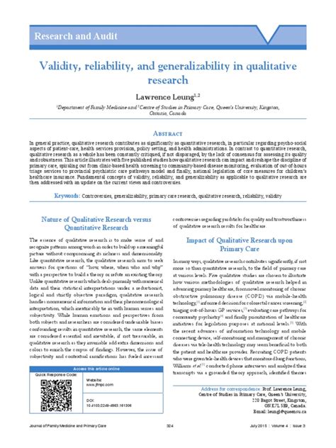 Validity Reliability And Generalizability In Qualitative Pdf