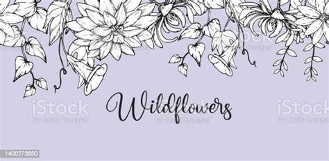 벽 장식이나 결혼식을위한 트렌디 한 야생화 미니멀리스트 디자인으로 원활한 국경 배경 손으로 그린 잔디 우아한 나뭇잎과 꽃을 초대하고 날짜 카드를 저장하십시오 식물 소박한 0