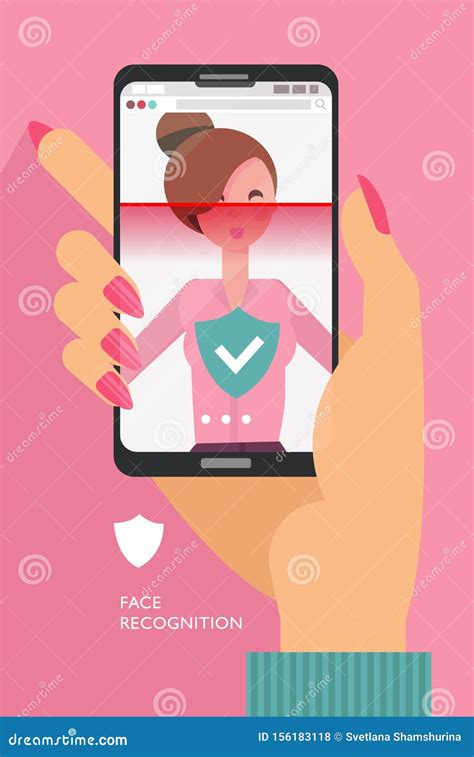 Facial Recognition Face Id Face Recognition System Female Hand Holding Smartphone With Woman