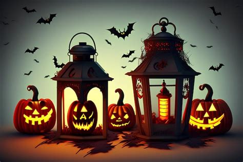 Premium AI Image A Halloween Scene With Pumpkins And Bats