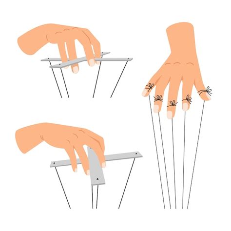 꼭두각시 조작 손 노예 꼭두각시 제어 로프 제어 문자열 벡터 일러스트와 함께 꼭두각시 조작 손바닥으로 보스 리더 매니퓰레이터 프리미엄 벡터