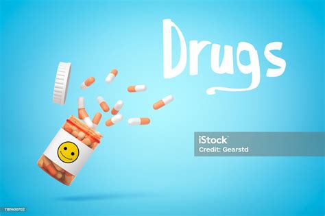 3d 醫療藥片從塑膠罐中掉落臉上有笑臉藍色背景上的drugs標誌 照片檔及更多 上癮 照片 上癮 俄羅斯 保護 Istock