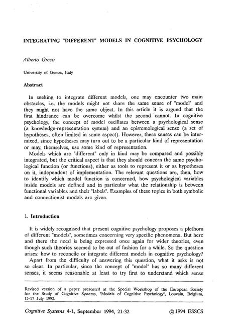 Pdf Integrating Different Models In Cognitive Psychology