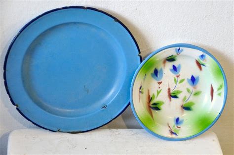 Vintage Blue Enamel Plate Blue Enamel Plate Floral Enamel Plate From