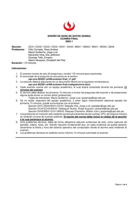 Upc Pre 202201 Si400 Examen Final V1 DiseÑo De Base De Datos Si400a