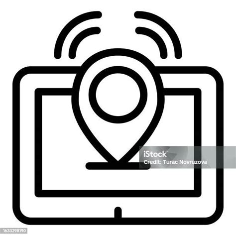 핀 라인 아이콘이 있는 태블릿입니다 흰색 바탕에 분리된 태블릿 위치 벡터 그림 Gps 개요 스타일 및 응용 프로그램을 위해