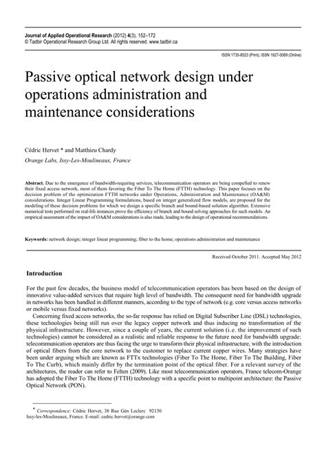 Pdf Passive Optical Network Design Under Operations Administration And Maintenance Considerations