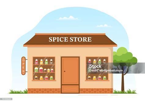 다양한 매운 향신료 조미료 이국적인 신선한 조미료 및 전통 허브가 있는 향신료 가게는 평평한 만화 손으로 그린 템플릿 그림 계피에 대한 스톡 벡터 아트 및 기타 이미지