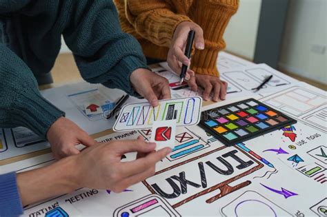 Close Up Ux Developer And Ui Designer Brainstorming Interface Wireframe Design Creative Digital