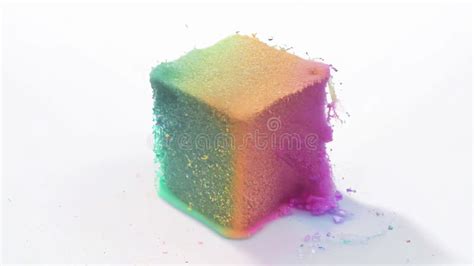 Iridescent Cube Made Of Shifting Multicolored Sand In A Smooth