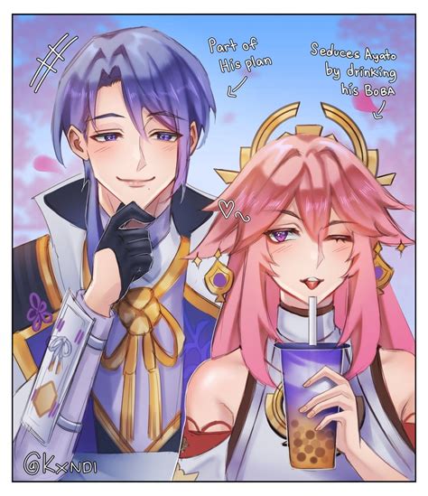 Yae Miko And Kamisato Ayato Genshin Impact Drawn By Kxndi Danbooru