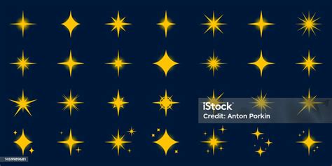 스파클 골드 스타 실루엣 아이콘 세트입니다 글로우 스파크 플래시 스타 픽토그램 컬렉션 샤인 버스트 매직 장식 기호입니다 글리스터링 효과 조명 황금빛 반짝임 플레어 고립된