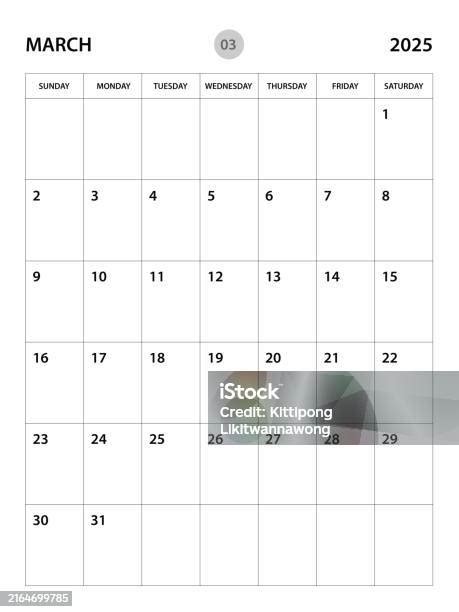 2025년 3월 연중 플래너 템플릿 2025년 달력 설계 월간 및 연간 플래너 주최자 일기 주 시작 일요일 기업 플래너 템플릿 데스크 캘린더 2025 수직 레이아웃 벡터
