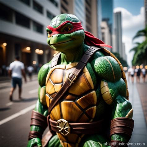 Ninja Turtle In Modern Army Tactical Equipment Doing Karate In Post
