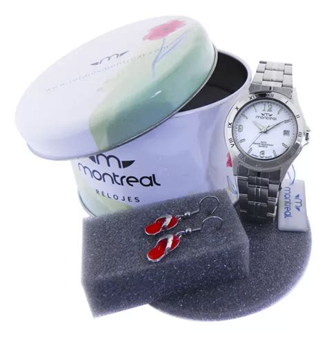 Combo Reloj Montreal Fecha Malla Acero Aros Estuche Ml Color De La Malla Plateado Color