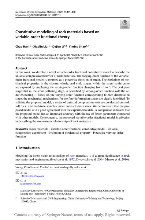 Constitutive Modeling Of Rock Materials Based On Variable Order