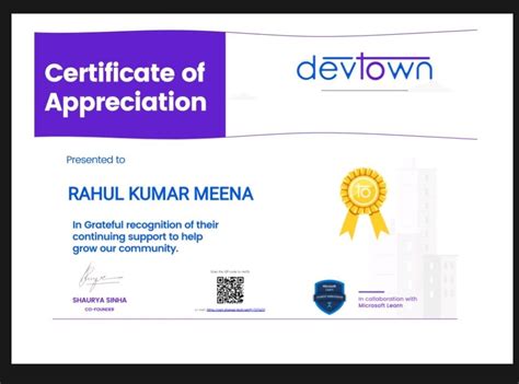 Rahul Meena On Linkedin Here Is Devtown Certificate Of Appreciation