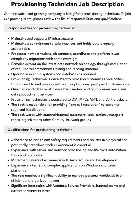 Provisioning Technician Job Description Velvet Jobs