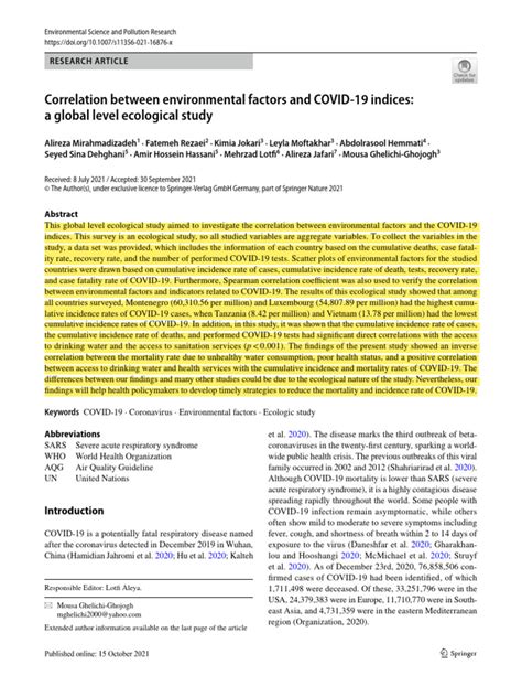 Ecological Study Correlation Between Environmental Factors And Covid 19