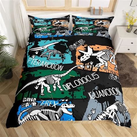 Dinosaure Housse De Couette T Rex Dino Squelette Parure De Lit 140X200Cm Mignon Dessin Animé