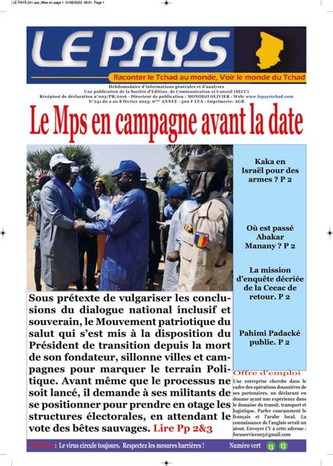 À La Une De Votre Hebdomadaire Numéro 241 Paru Ce Jeudi 02 Février 202